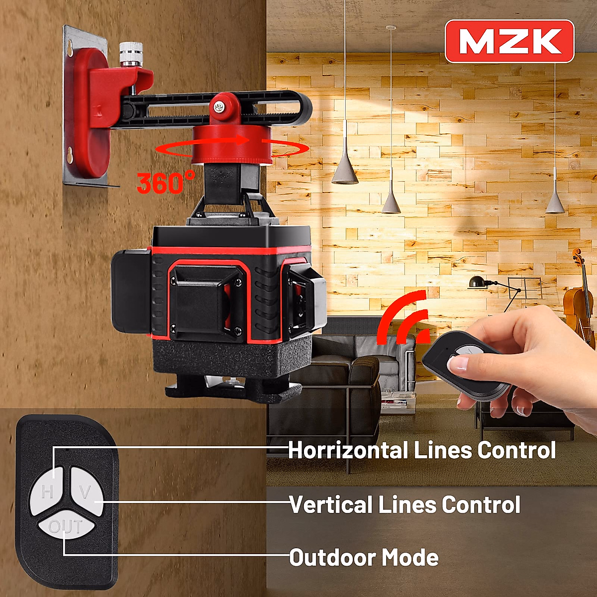 MZK 16 Lines Laser Level Self-leveling, 4x360° 4D Green Cross Line for Construction and Picture Handing with Remote Controller and Magnetic Stand(Rechargeable Li-ion Battery and Charger Included)