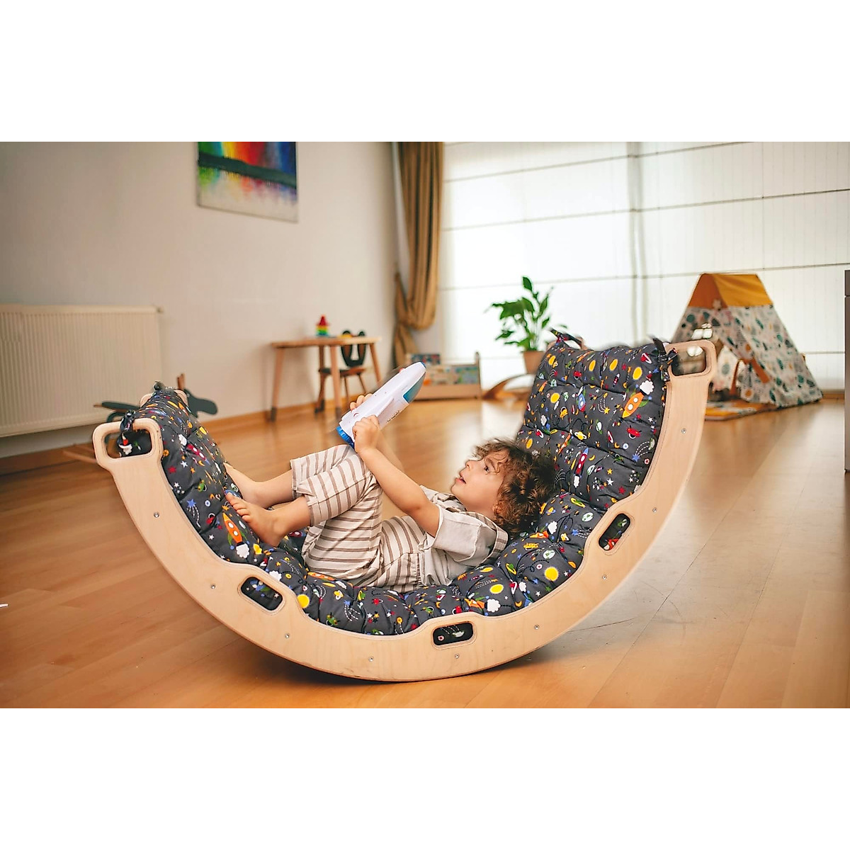 Montessori Wooden Climbing Frames | Indoor Wood Montessori Climbing Set with Ramp & Cushion| Montessori Rocker for Kids with Pillow | Montessori Playground Climbing Set with Rockwall Ramp (Space)