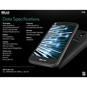 BLU C5L Android Cell Phone 5'' 16GB Memory Factory Unlocked 5.0'' Display -Black