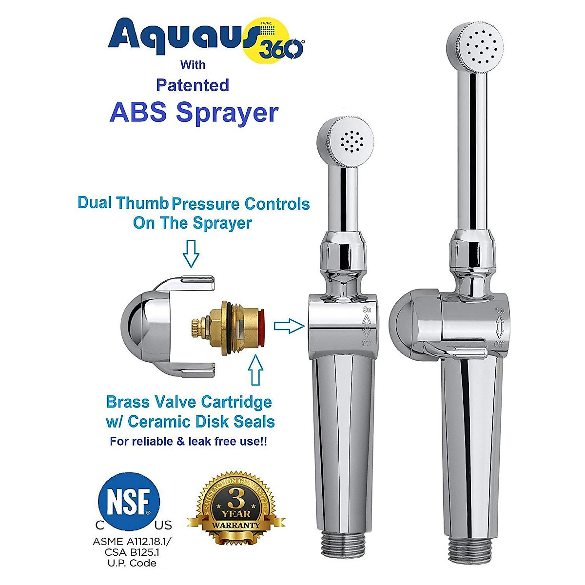 Aquaus 360 Bidet "SPRAY WAND ONLY" | NSF Certified - 3 Year Warranty - American Made -Dual Thumb Pressure Controls - Ceramic Disk Seals - ABS Body - Brass Valve Core - Includes 5'' inch (ABS Polymer)