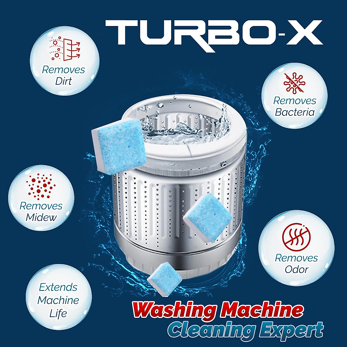 Turbo-x Washer Machine Cleaner Tablets, 8 ct., Advanced Descaling and Odor Eliminator, Concentrated Time Release Formula, Top and Front Load Appliances