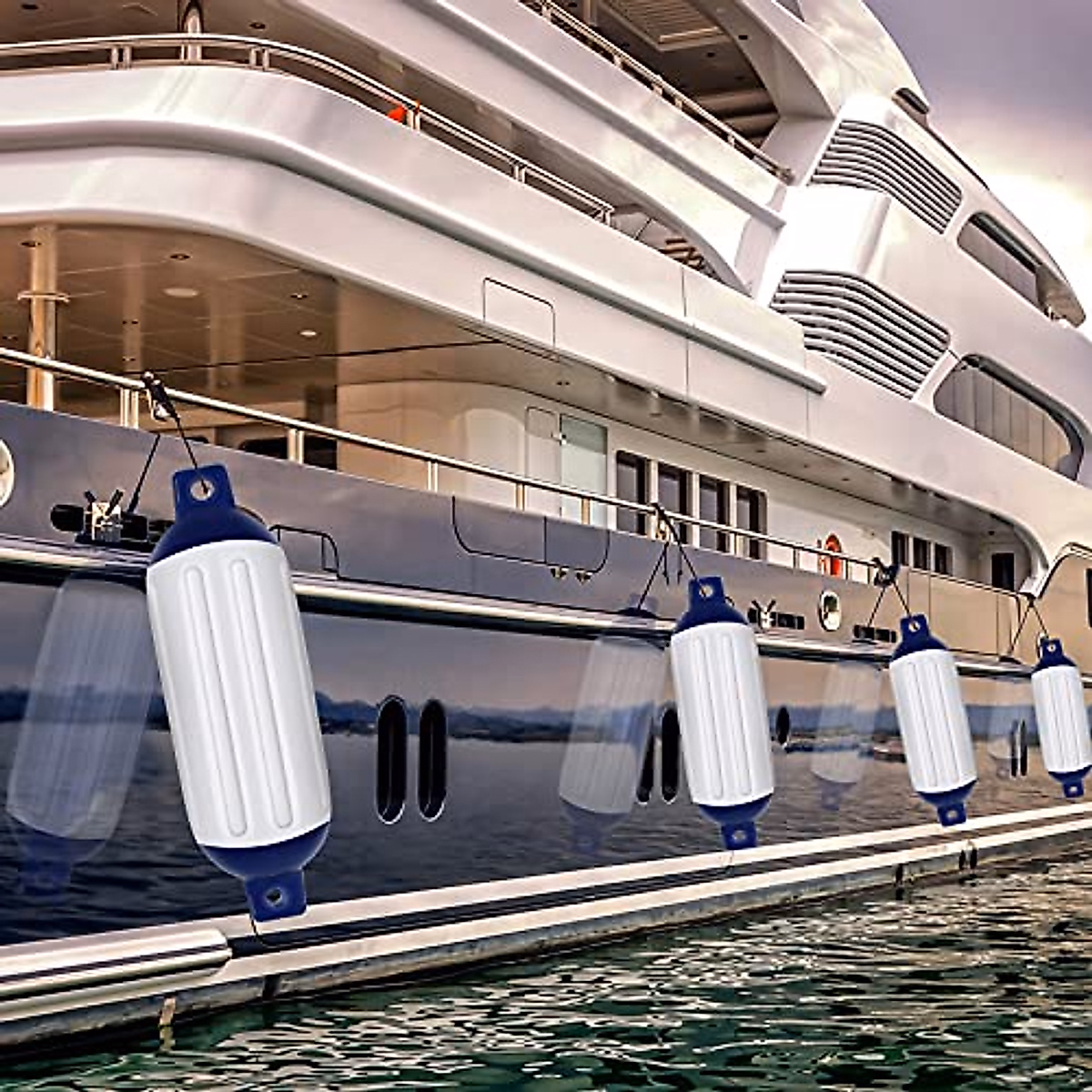 VEITHI Boat Fenders 4Pack, Ribbed Twin Eyes Vinyl Boat Fender Bumpers, Boat Bumpers for Docking Come with Ropes Needles and Pump to Inflate, Bumpers of Boats 8.5 x 27 inch White/Blue