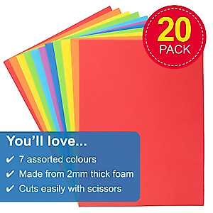 Baker Ross AX949 Rainbow Colored Foam Sheets - Pack of 20, Colored Art Supplies for Kids Craft Making Activities