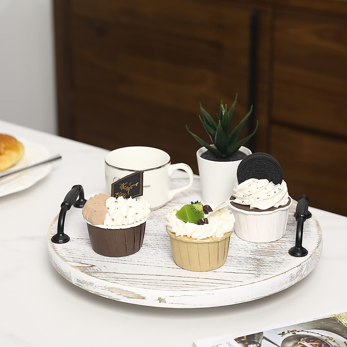 MyGift 12 Inch Whitewashed Wood Lazy Susan Turntable Rotating Tray, Round Condiment Serving Tray with Black Vintage Metal Handles