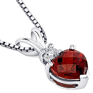 Peora 14K White Gold Garnet and Diamond Heart Pendant for Women, Genuine Gemstone Birthstone, 1.35 Carats with 18 inch Chain