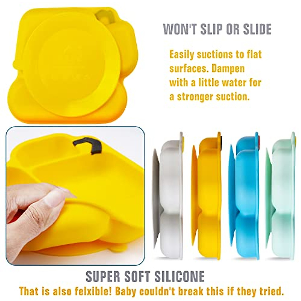 Baby Plate Silicone Divided, Suction Toddler Plates Dishes for Toddler Kids Self Feeding, BPA Free, Microwave & Dishwasher Safe(Yellow)