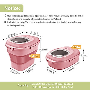 Rice Storage Container, Lockcoo Foldable Airtight Cereal Food Storage Containers 20 to 50 Lbs with Measuring Cup & Wheels, Dry Food Flour Sugar Storage Container Large Kitchen Pantry Holder, Pink