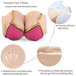 ICEVER Breast Plate Crossdressers Silicone or Cotton Filled Strapless Fake Breast Boobs B-H Cup for Cosplay Transgender (Bronze,D cup L size silicone gel filler)