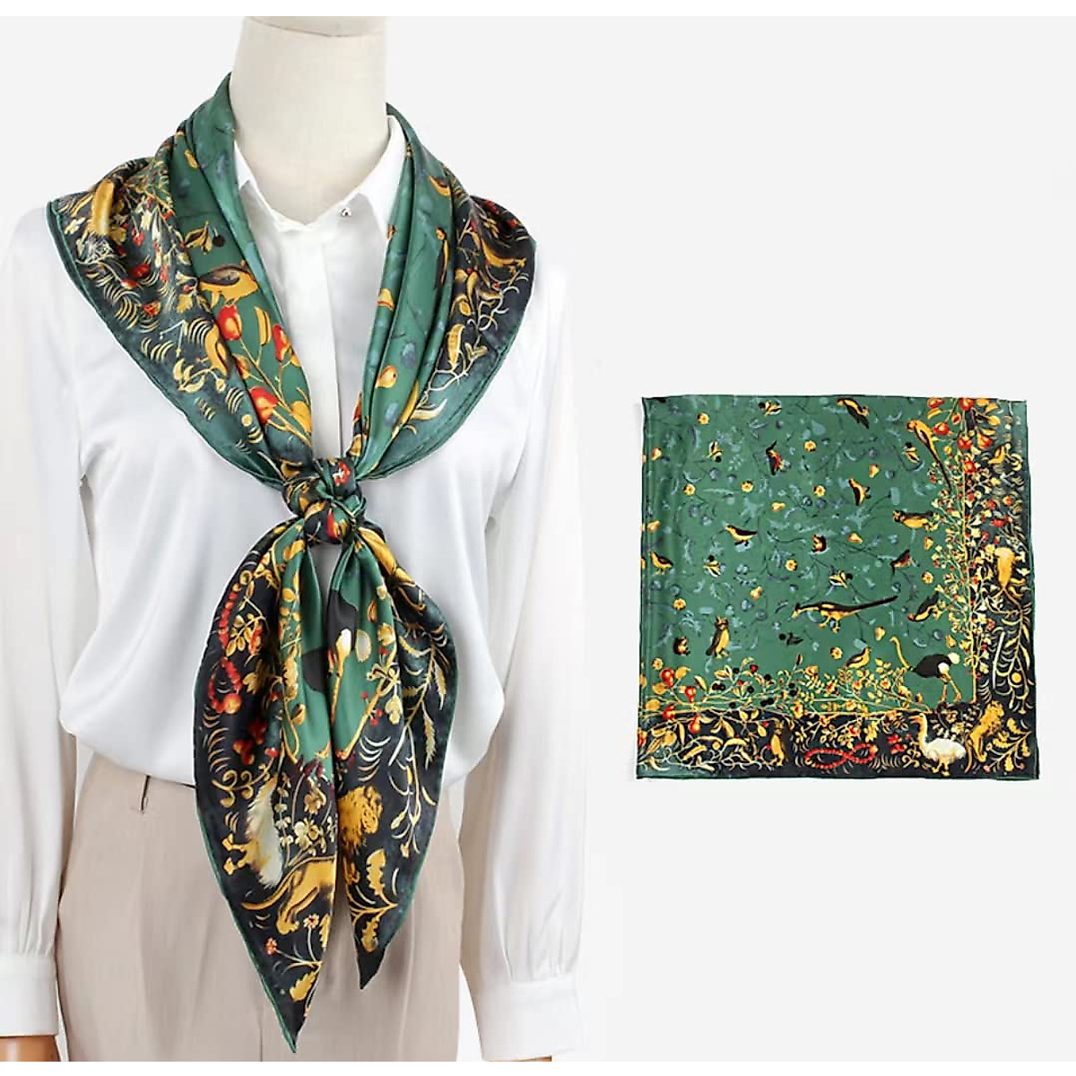 ANDANTINO 100% Pure Mulberry Silk Scarf 43" Large Square Lightweight Headscarf& Shawl–Women Hair Wraps-With Gift Packed (Jade Green-Birds)