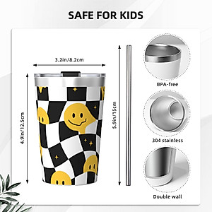 PAYOHTO Funny Melt Smile Faces Geometry Pattern Insulated Stainless Steel Tumbler 12 oz Thermos Come with Straw Kids Leak-Proof Travel Mug Cup