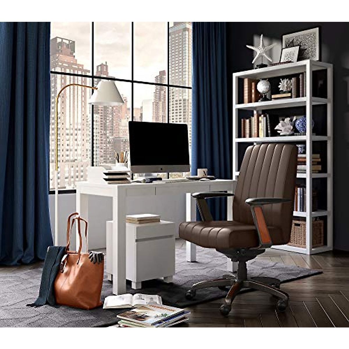 La-Z-Boy Bennett Modern Executive Lumbar Support, Rich Wood Inlay, High-Back Ergonomic Office Chair, Bonded Leather, Brown 26D x 26.25W x 39.75H in