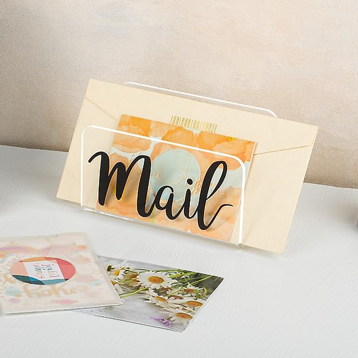 KTRIO Mail Holder Mail Organizer Countertop Acrylic Mail Sorter, Print Mail Script Letter Holder for Desk Envelope Holder Letter Organizer for Home Office School, Bill Filling Paper Document