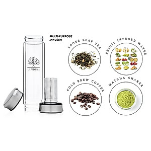 UEndure Tea Tumbler with Infuser - BPA Free Double Wall Glass Travel Tea Mug with Stainless Steel Filter - Watertight Tea Bottle with Strainer for Loose Leaf Tea and Fruit Infused Water 14oz