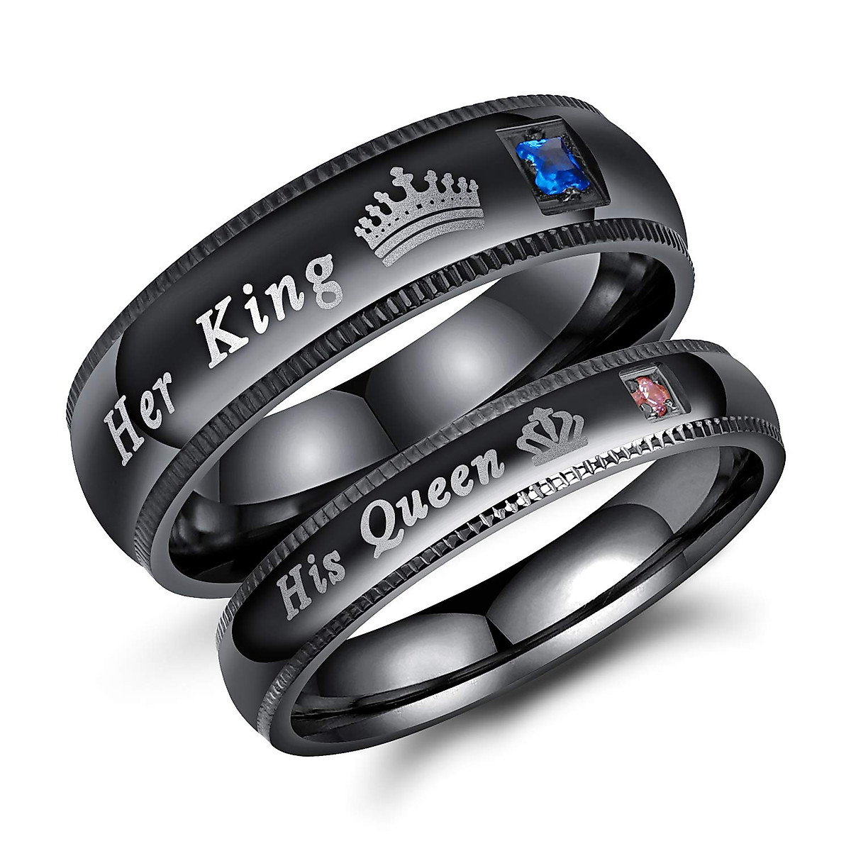 Felicelia 2pcs His Queen Her King Wedding Engagement Band Stainless Steel Black Couple Rings for Him and Her Matching Set