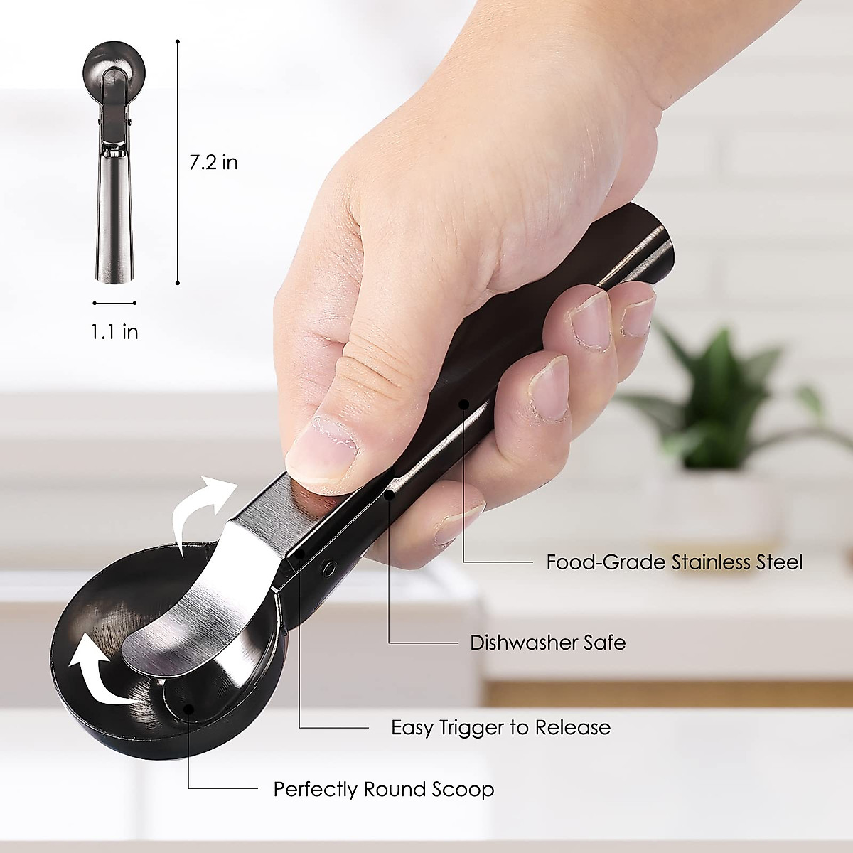 D Ice Cream Scoop, Stainless Steel Ice Cream Scooper with Trigger Release, Metal Cookie Scoops, Iceream Scoop Spoon for Meatball Frozen Yogurt Gelatos and Sundaes, Dishwasher Safe (Black)