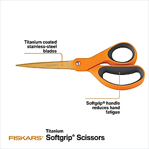 Fiskars 01-004244J Premier Softgrip Titanium Straight Adult Scissors, 8 Inch, Orange
