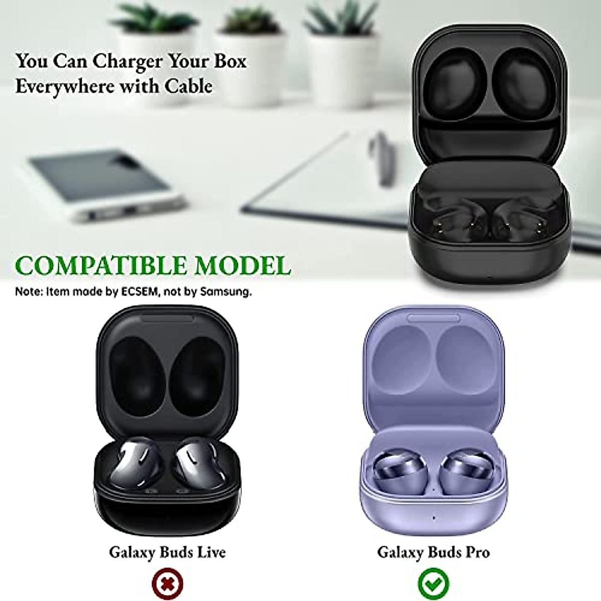 ECSEM Replacement Charging Case Compatible with Samsung Galaxy Buds Pro SM-R190 Charger Replacement USB Wired Charging Case Cable Accessory