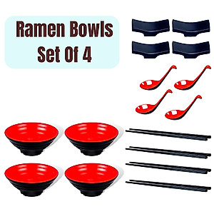 IKIGAI, Ramen Bowl with Chopsticks and Spoon Set of 4 (20 pcs) - 32 and 42OZ Large Melamine Noodle Soup Bowl Set -Pho Bowls and Spoons Set For Ramen, Pho & Soup (32 OZ)