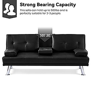 AWQM Faux Leather Futon Sofa Bed Upholstered Modern Convertible Sofa Bed Small Couch Bed Adjustable Couch Sleeper for Compact Living Space, Removable Armrests, Metal Legs, 2 Cupholders, Black
