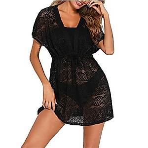 EISHOPEER Women's Swimsuit Beach Cover Up Lace Bikini Beachwear Sheer Bathing Suit Coverups,Black,S