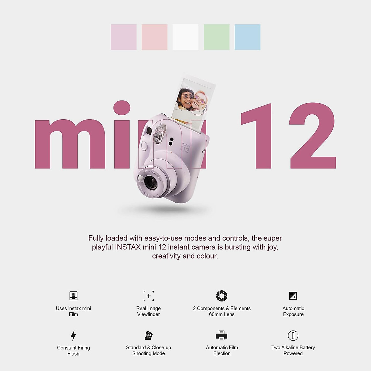 Fujifilm Instax Mini 12 Instant Camera Lilac Purple + Minimate Custom Case + Fuji Instax Film 20 Sheets Twin Pack