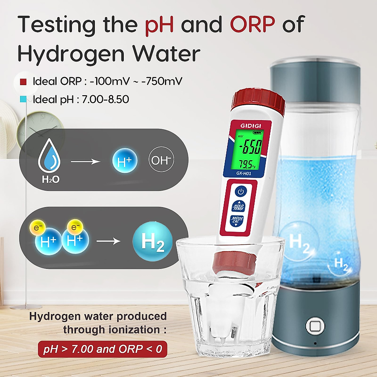 Hydrogen Tester, GIDIGI pH Meter, Digital pH TDS Meter for Water, Accurate ORP Meter, 4 in 1 pH H2 ORP Temp Test kit for Hydrogen Water Bottle, Hydrogen Water ppb/ppm Tester with ATC