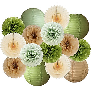 Olive Green and Brown Party Decorations Sage Green Paper Lanterns Champagne Tissue Paper Pom Poms Beige Paper Fans Kit for Birthday Bridal Shower Wedding Olive Green and Brown Baby Shower Decorations