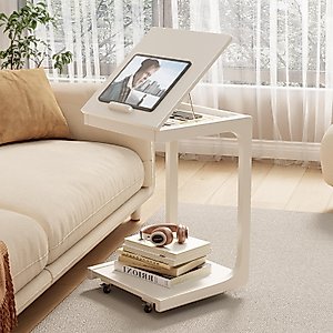 KASLANDI C Shaped End Table for Couch, C Table with Wheels, Wooden Couch Table Adjustable Desktop for Living Room,Bedroom（White）