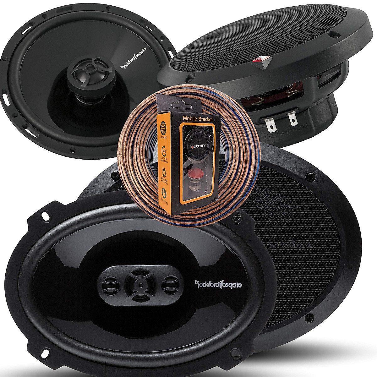 Pair of Rockford Fosgate Punch P1694 6" X 9" 300W 4-Way + P1650 6.5" 220W 2-Way Full Range Coaxial Speakers - 4 Speakers + Gravity Magnet Phone Holder