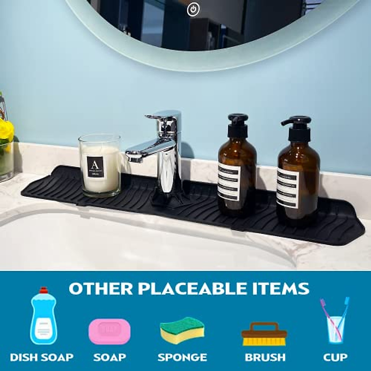 Luvitory Faucet Handle Drip Catcher Silicone Lengthened Mat, 24'' Splash Guard, Sink Guard for Kitchen Drying Mat Soap Sponge Accessories Tray Bathroom Bar Protection Black