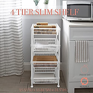 Kitchen Details 4 Tier Slim Basket Shelf Rack | Storage & Organizer | Kitchen | Bathroom | Laundry Room | Office | Good for Food and Kitchen Supplies | White