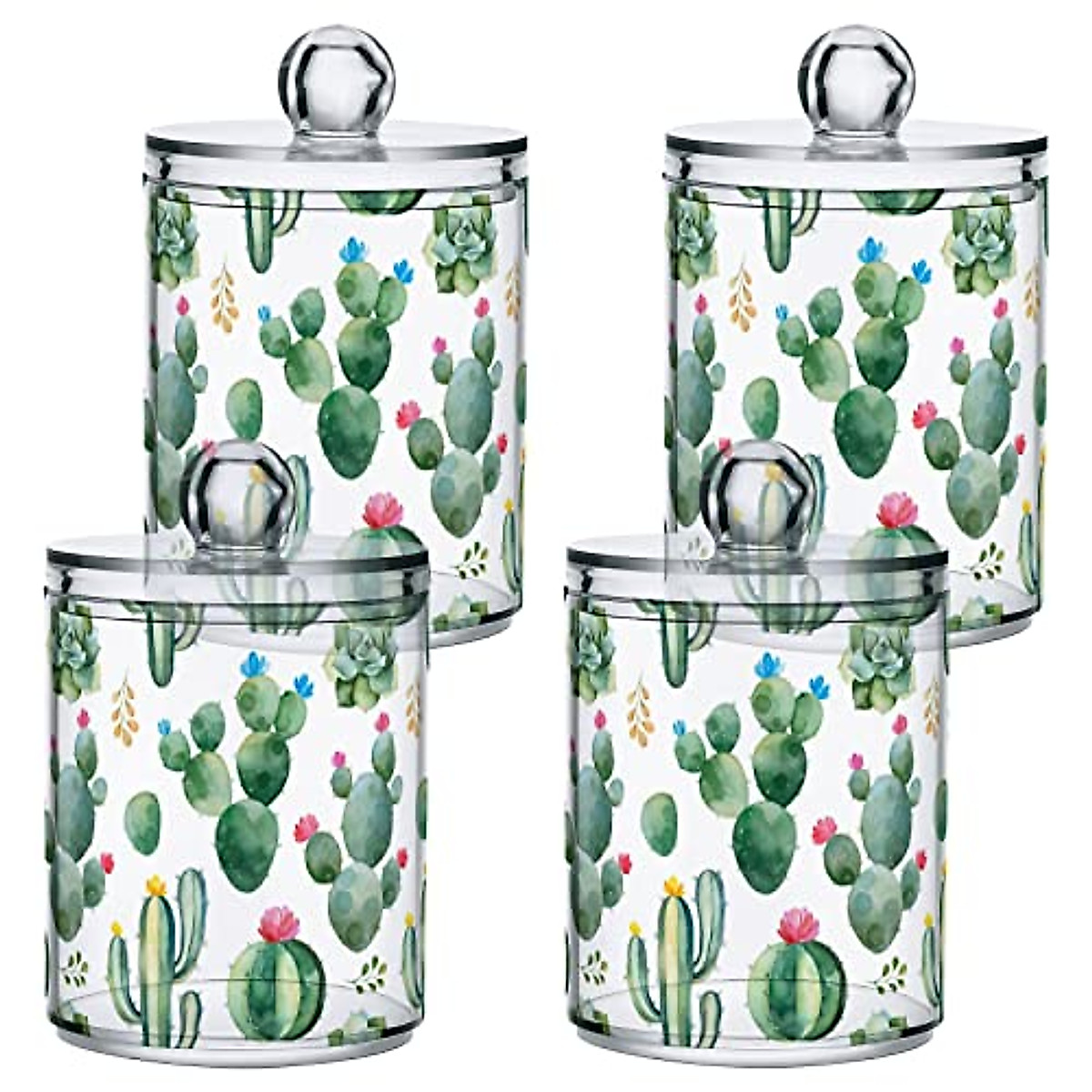 BOENLE 2 Pack Qtip Holder Dispenser Green Cactus Succulents Flowers Storage Canister Bathroom Apothecary Jars Acrylic Plastic Vanity Organizer Lid for Cotton Swab/Ball/Pad