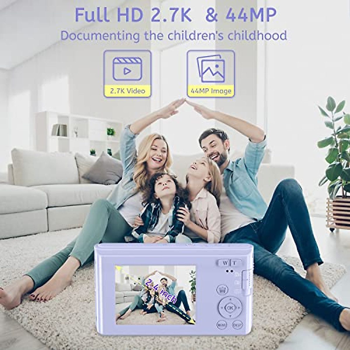 Digital Camera,Kids Camera with 32GB Card 4K 44MP Point and Shoot Camera with 16X Digital Zoom 2.4 Inch,Vlogging Camera for Students Teens Adults Girls Boys-Purple3