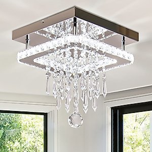 CXGLEAMING Square Crystal Chandelier Modern Crystal Ceiling Light Square LED Chandelier Flush Mount Ceiling Chandeliers for Dining Room Bedroom Hallway Closet (Cool White)