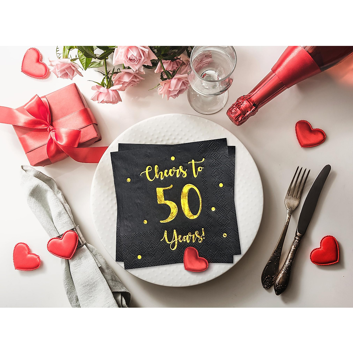 Cheers to 50 Years Cocktail Napkins | Happy 50th Birthday Decorations for Men and Women and Wedding Anniversary Party Decorations | 50-Pack 3-Ply Napkins | 5 x 5 inch folded (Black)