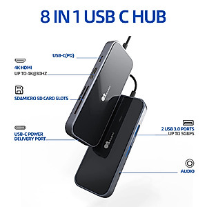 USB C Hub, Docking Station, ALLWAY 8 in 1 USB C Adapter with 4K USB C to HDMI, 60W Power Delivery SD/TF Card Reader 2 USB 3.0 Ports USB C Data Port 3.5mm Audio/Mic for MacBook Pro and HP Dell Laptops