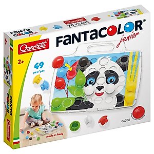 Quercetti - Pixel Junior Starter Set - Peg Button Art Toy with 8 Design Template Cards and 40 Large Pegs Multi 28.5 x 5.33 x 36.07 cm