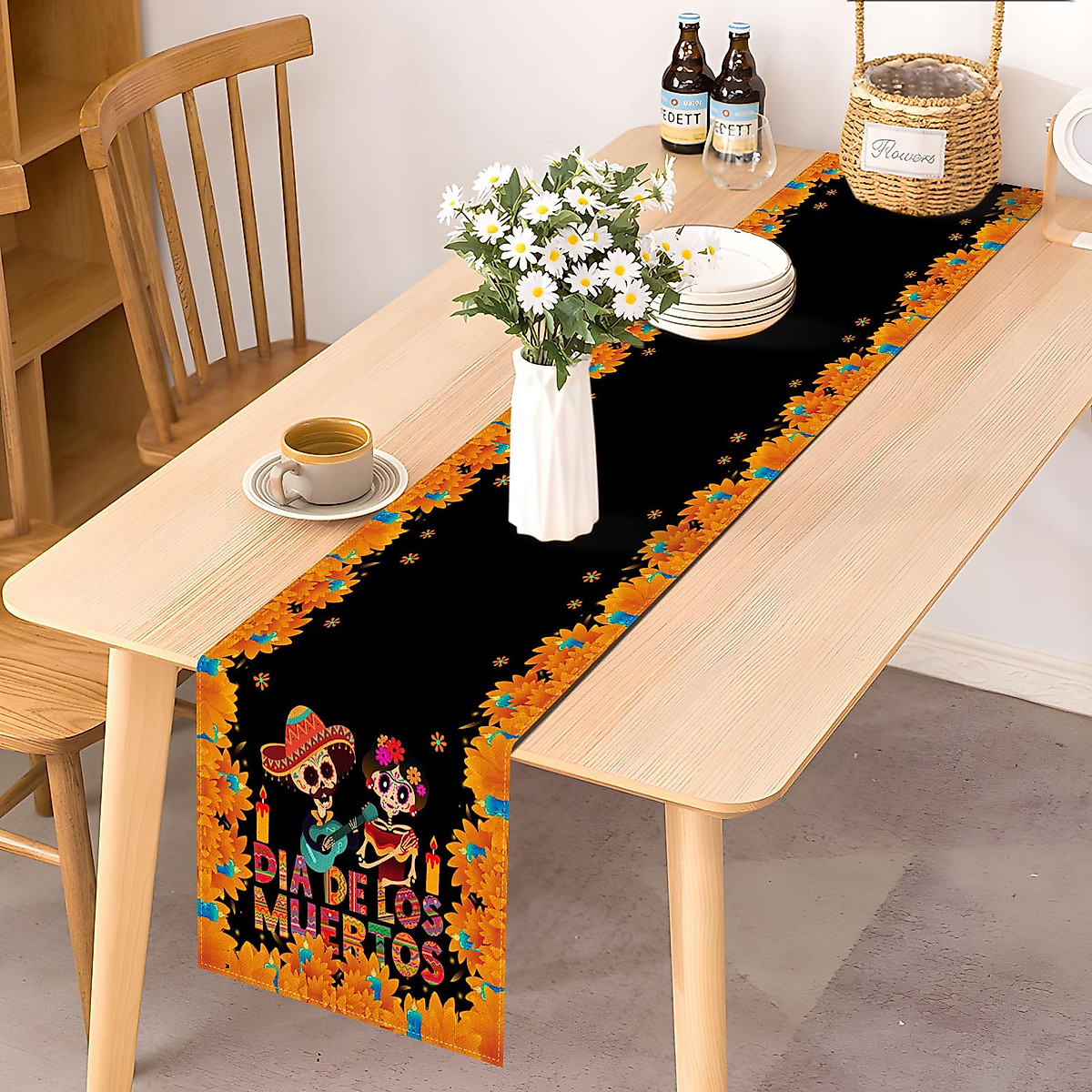 Mexican Day of The Dead Table Runner Mexico Dia De Los Muertos Sugar Skull Table Cover Dining Room Kitchen Home Indoor Outdoor Holiday Party Table Decoration (13" x 72")