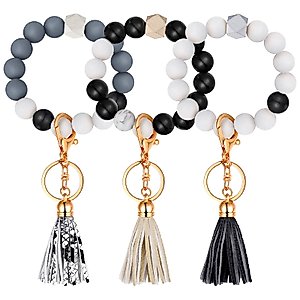 Hicarer 3 Pieces Silicone Key Ring Bracelet Elastic Beaded Keychain Wristlet with Faux Leather Tassel Car Key Ring Holder (Black, White, Navy Blue)