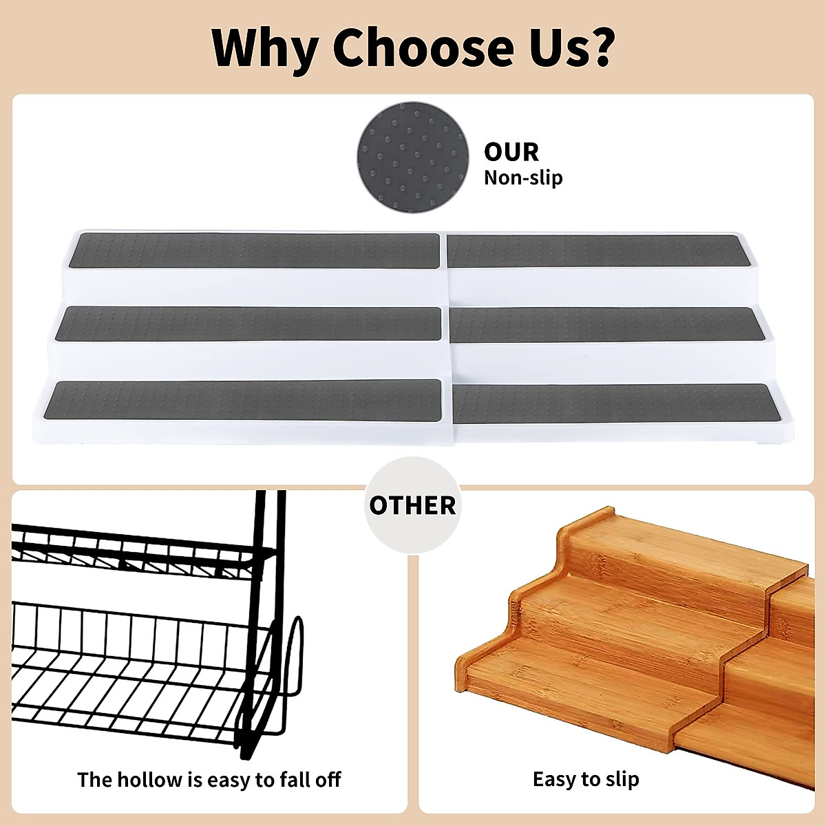 JMSWENJUAN Expandable 3-Tier Spice Rack,Step Shelf Kitchen Cabinet Organizer Spice Stack Display Shelf for Pantry Cabinet or Countertop