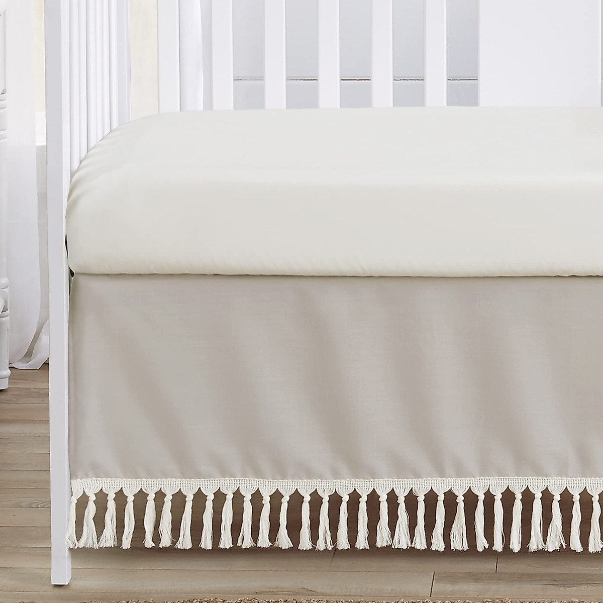 Sweet Jojo Designs Boho Bohemian Baby Boy Girl Nursery Crib Bedding Set - 4 pcs - Solid Taupe Beige Ivory Cream Off White Linen Farmhouse Shabby Chic Designer Modern Minimalist Tufted Tassel Macrame