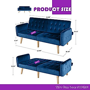 TYBOATLE 65"W Velvet Modern Convertible Folding Futon Couch Sofa Bed w/ 2 USB Charging Ports and Arms, Loveseat for Compact Living Space, Dorm, Game Studio, Bonus Room, Apartment, Bedroom (Navy Blue)
