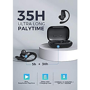 Bluetooth Headphones Wireless Earbuds 35H Play Time Earphones with Microphone IPX7 Waterproof with earhooks for Gym Sports Outdoor Black