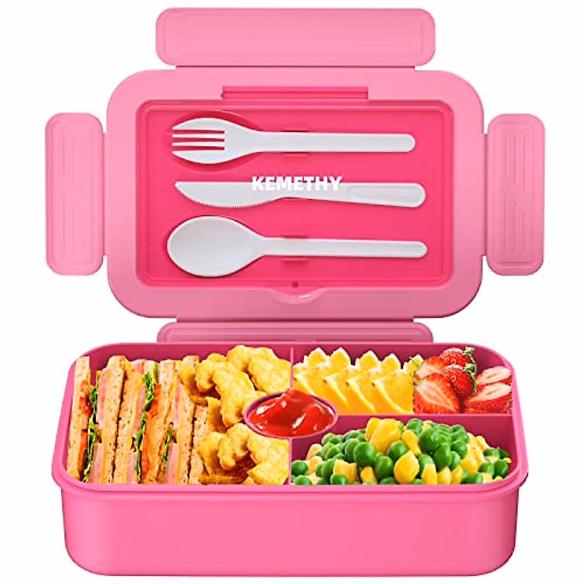 KEMETHY Bento Lunch Box for Kids, 4 Compartment Lunch Box Kids, Leak Proof Lunchbox with Tableware for Kids Lunch boxes for School, Microwave/Dishwasher/Freezer Safe, BPA-Free and Reusable, Pink