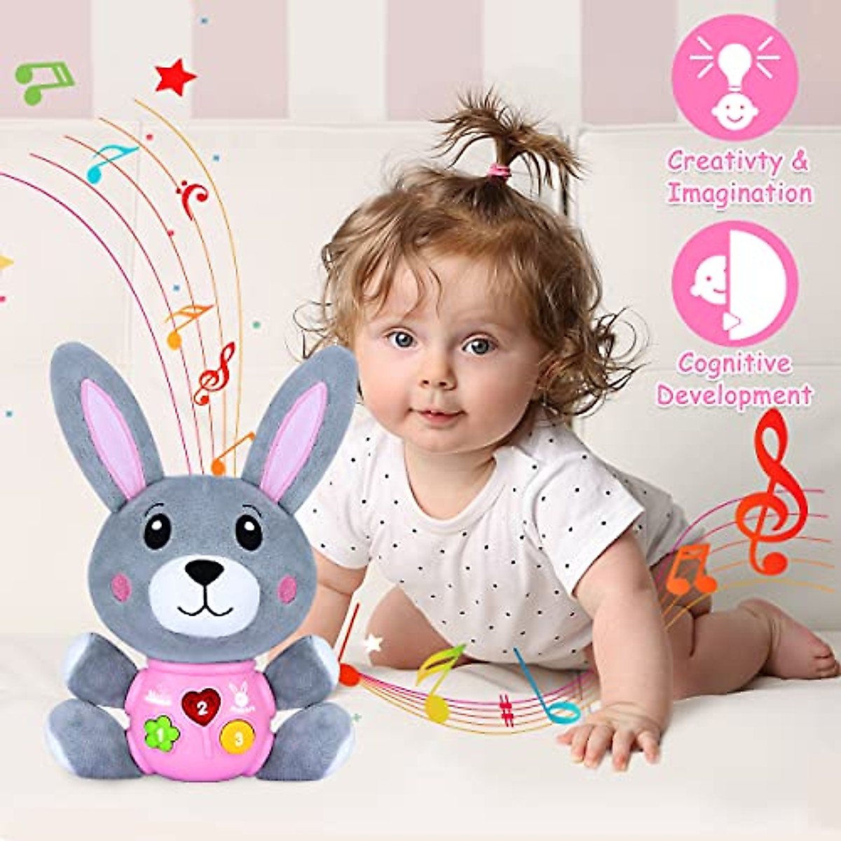 Easter Bunny Baby Toys 6 to 12 Months - Musical Light Up Toys for Baby 0-6 Months Newborn Plush Rabbit Toys - Easter Gifts for Babies Boys & Girls Infant Stuffed Animal Toy Baby Gifts 0 to 36 Months