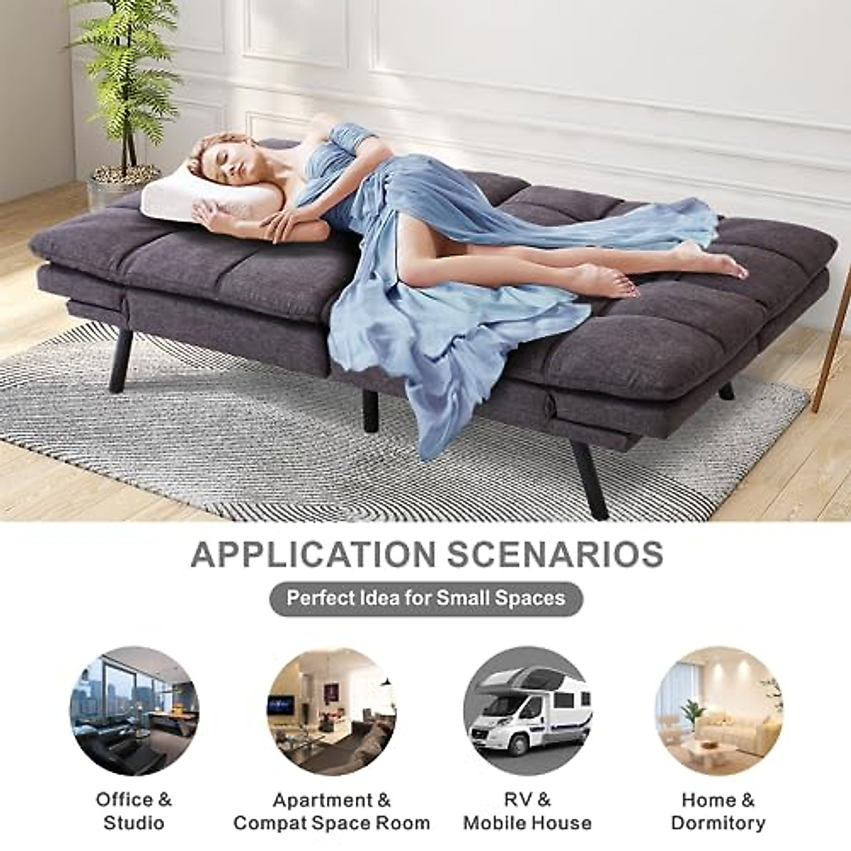 MUUEGM Futon Sofa Bed Couch,Memory Foam Convertible Sofa Sleeper Couch,Modern Futon Couch Daybed Love Seat for Living Room Small Space Apartment Office,Adjustable Armrest Backrest,Linen Fabric,Grey