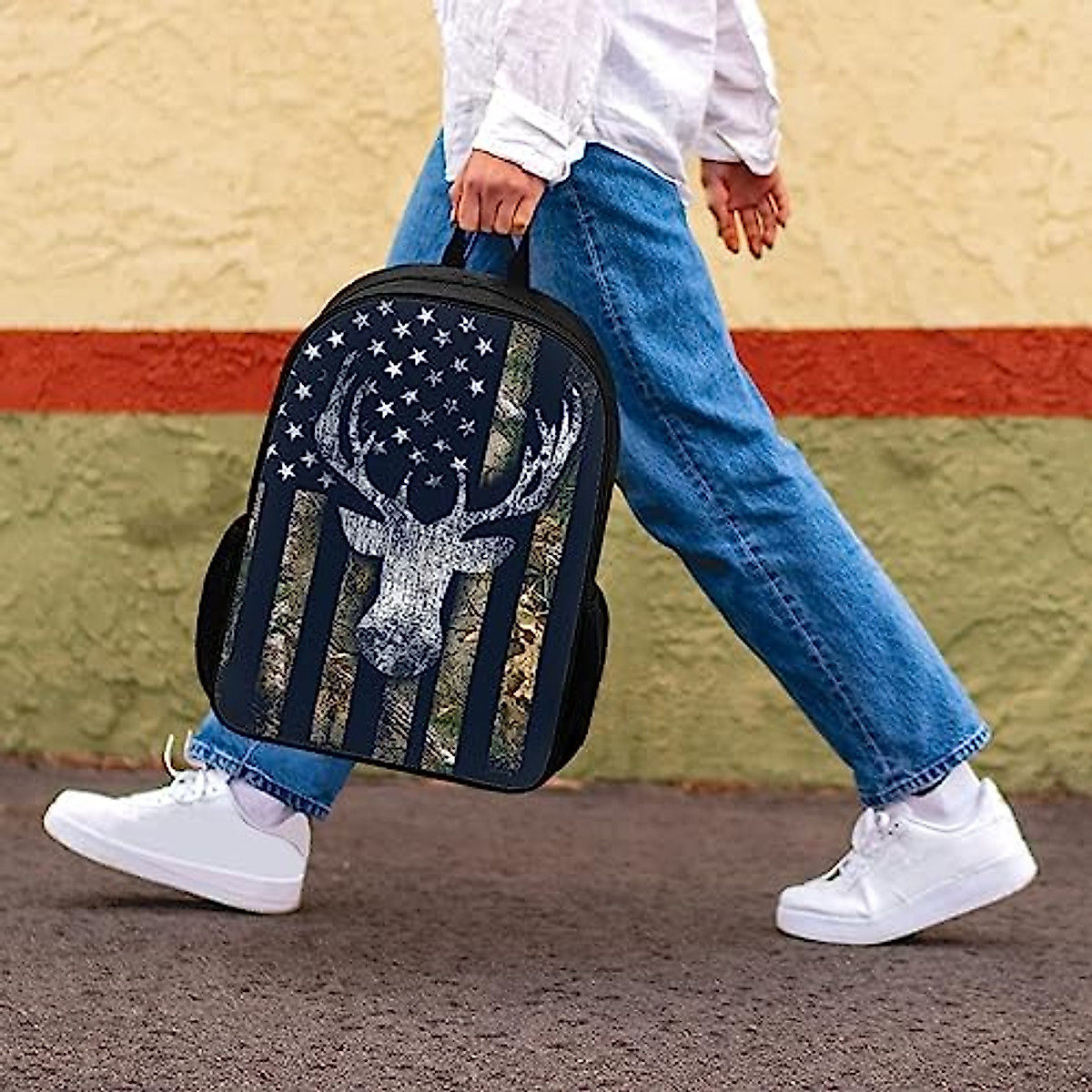 Mumeson Cool Deer and America Flag Print Kids Backpack Schoolbag Soft Cushion Shoulder Straps Rucksack Daypack Durable Zipper Closure Bookbag for Boys Middle School