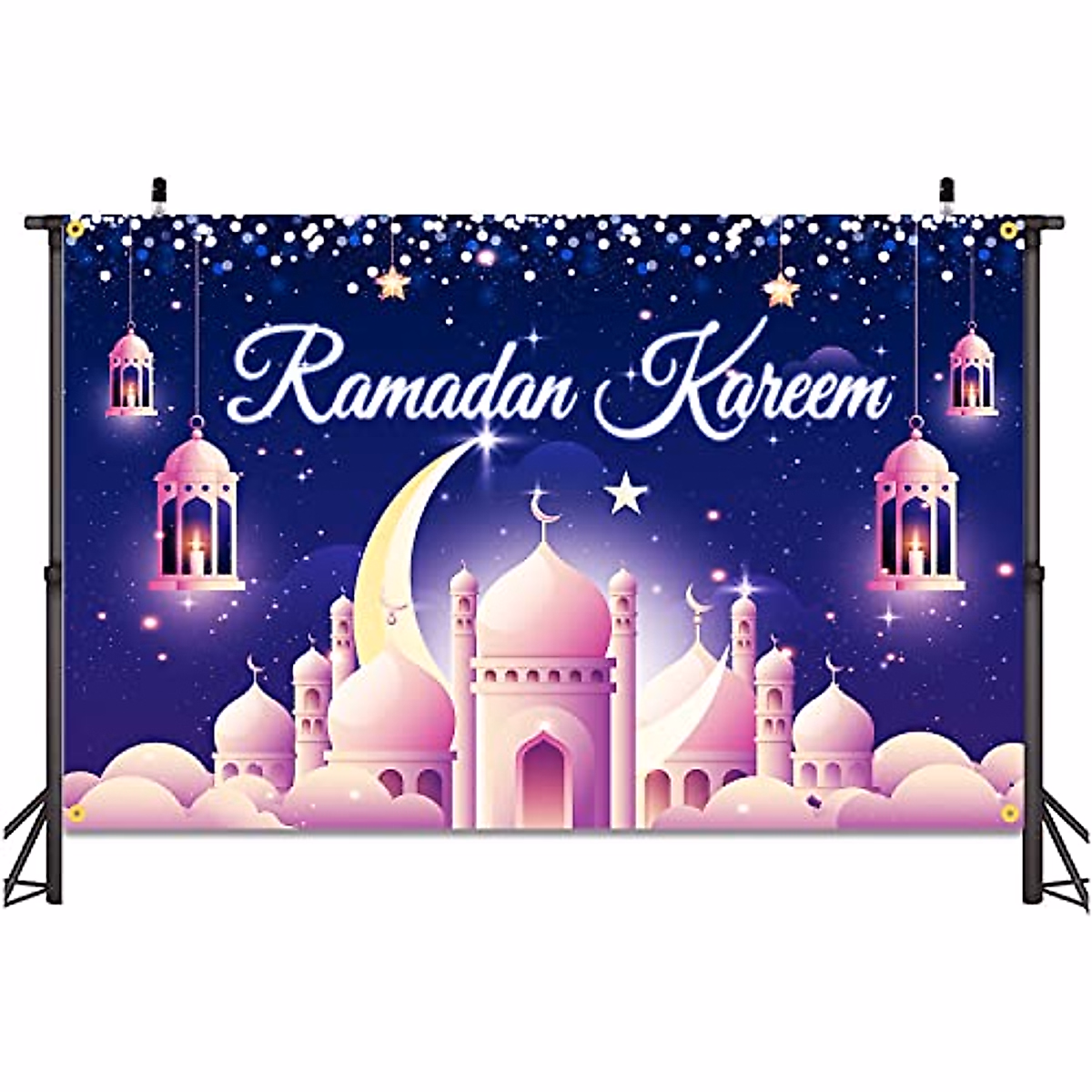 JKQ Ramadan Kareem Backdrop Banner 71 x 43 Inch Muslim Ramadan Background Banner Lantern Moon Castle Islamic Eid Mubarak Festival Party Decorations Ramadan Mubarak Indoor Outdoor Photo Booth Props