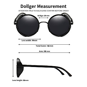 Dollger Steampunk Vintage Retro Round Sunglasses Metal Circle Frame (Black Lens+Black Frame,100% UV Protection Lens)