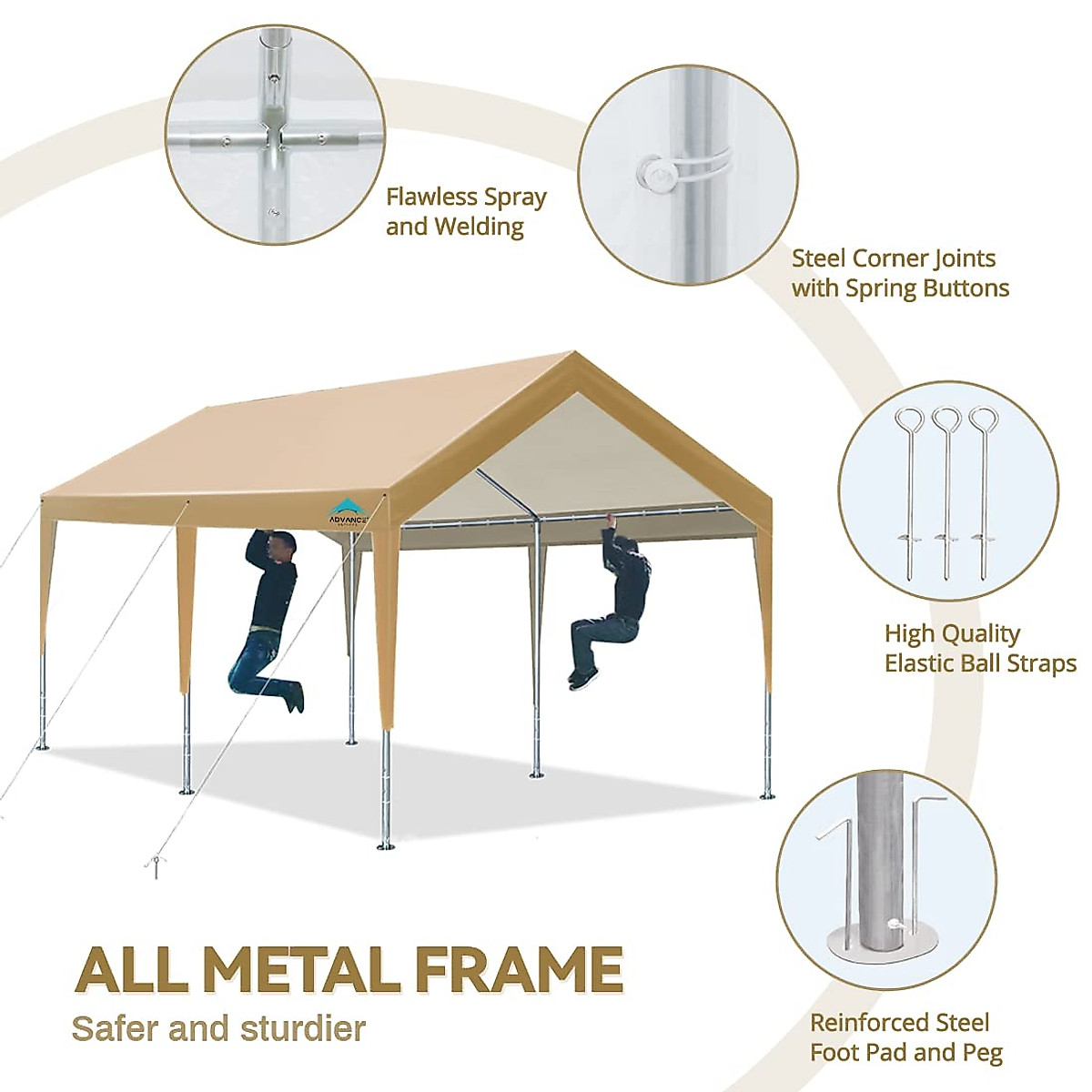 ADVANCE OUTDOOR 10x20 ft Steel Carport with Adjustable Height from 9.5 to 11 ft, Heavy Duty Car Canopy Garage Party Tent Boat Shelter Portable, Beige